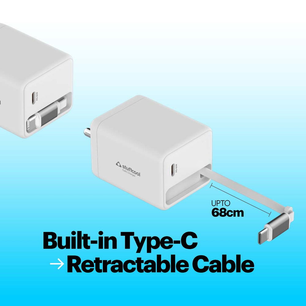 Zeno 65W GaN Wall Charger with USB-C Port & Built-in Retractable Type-